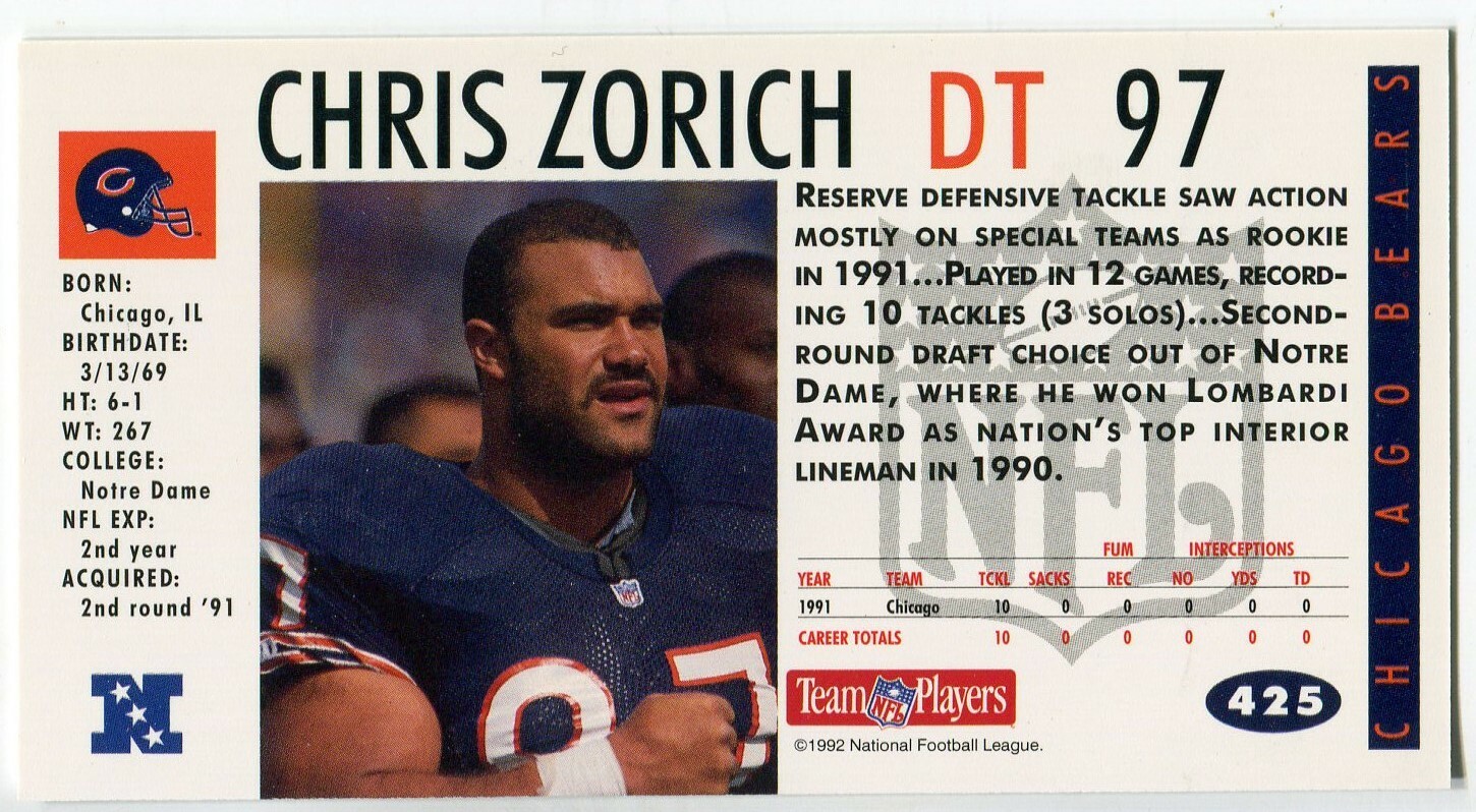 1992 GameDay #425 Chris Zorich Chicago Bears | eBay