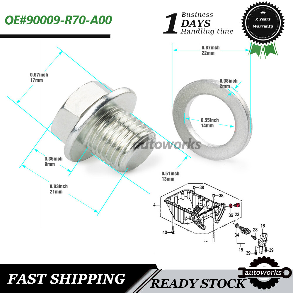 90009-R70-A00 Engine Oil Pan Drain Bolt Plug with Washer For Honda ...