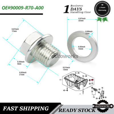 90009-R70-A00 Engine Oil Pan Drain Bolt Plug with Washer For Honda ...