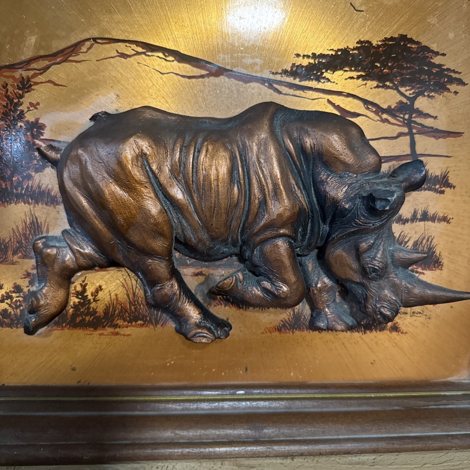 Vtg JOHN LOUW Copper Relief Wall Art 3D Rhinoceros Rhino 16"x13" Framed ...