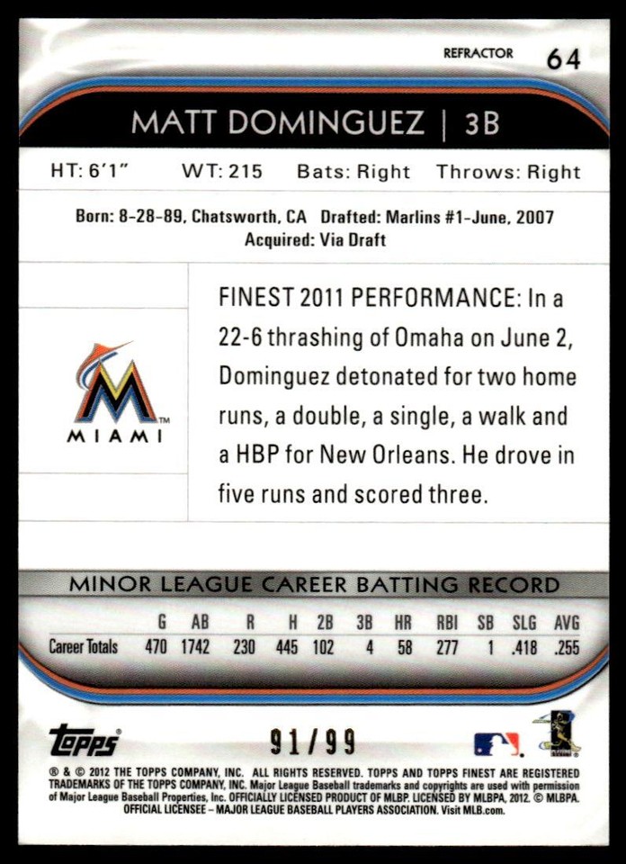 2012 Topps Finest 64 Matt Dominguez Miami Marlins Baseball Card RC /99 ...