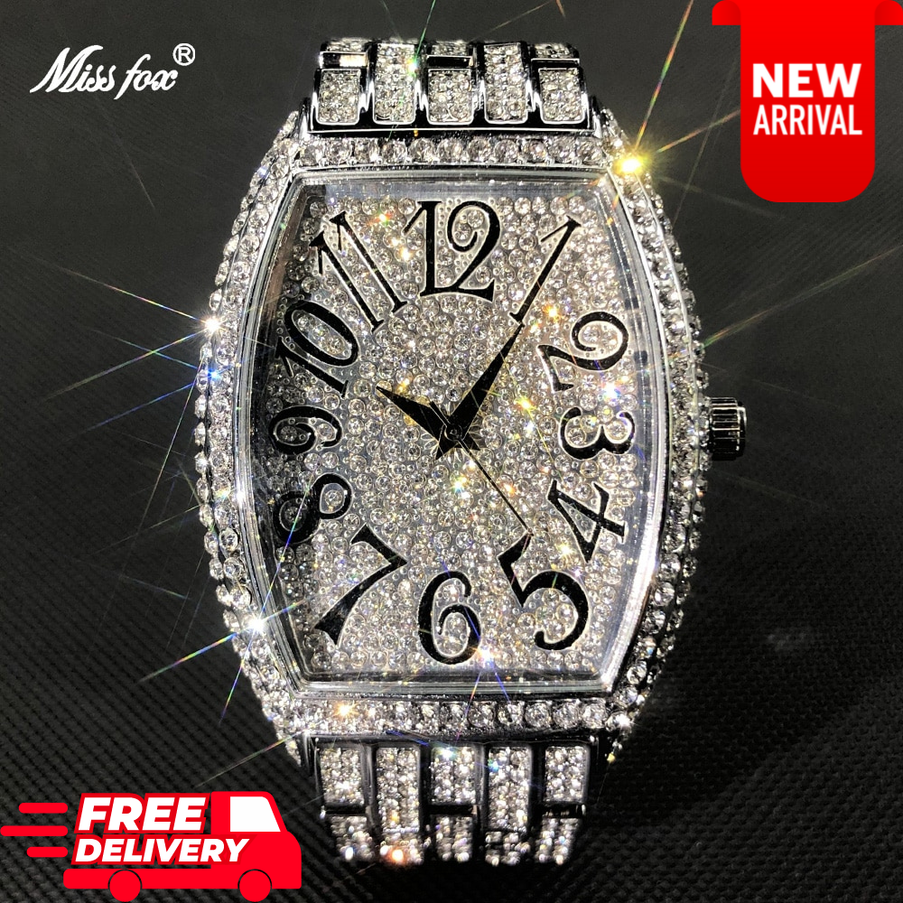 MISSFOX Men's Fully Ice Watch Quartz Waterproof Silver Diamond Luxury ...