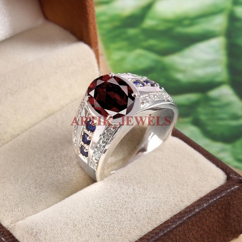 Natural Garnet & Heated Sapphire With 925 Sterling Silver Ring for Men ...