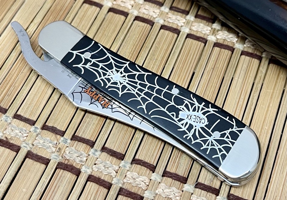 Case XX USA 2023 Black HALLOWEEN Spider & Web Artwork Russlock Knife w ...