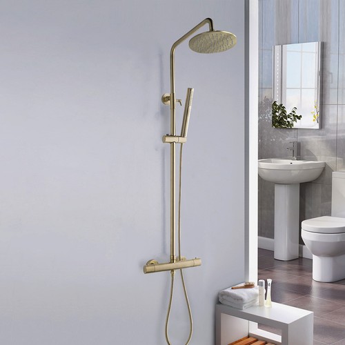 Nes Home Modern Brushed Brass Cool Touch Thermostatic Riser Rail Shower ...