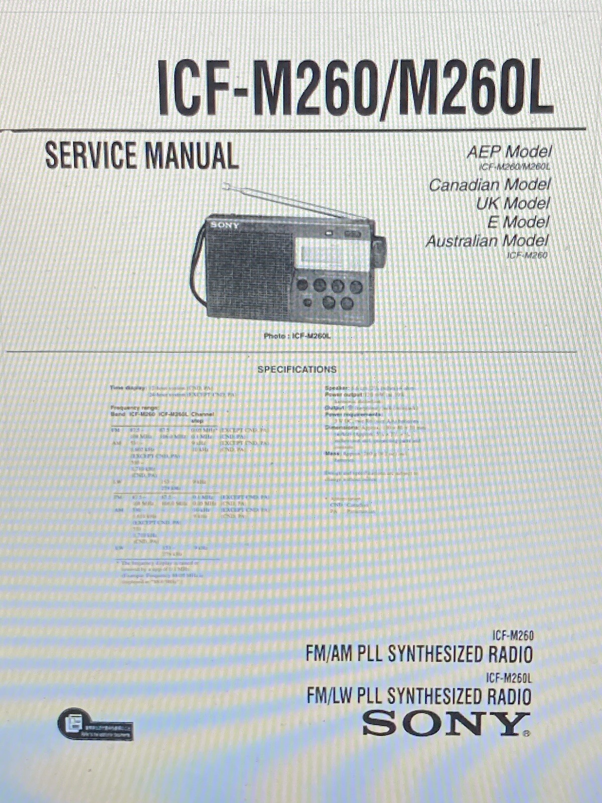 Sony Icf-m260 M260l Service Manual Digital | eBay