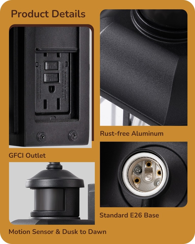 EDISHINE Porch Light with GFCI Outlet, Motion Sensor Outdoor Wall Light ...