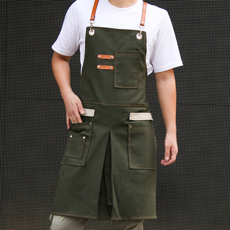 Denim Bib Apron Pu Leather Strap Gardener Cook Barista Waitress Work ...