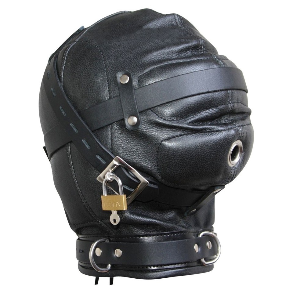 Genuine Black LEATHER GIMP Lockable O Ring Full Hood Mask Mouth Party ...