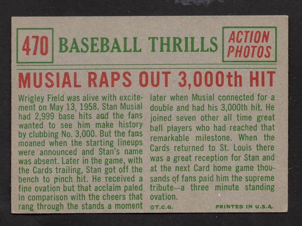 1959 Topps baseball #470 Musial Raps out 3000th Hit | eBay