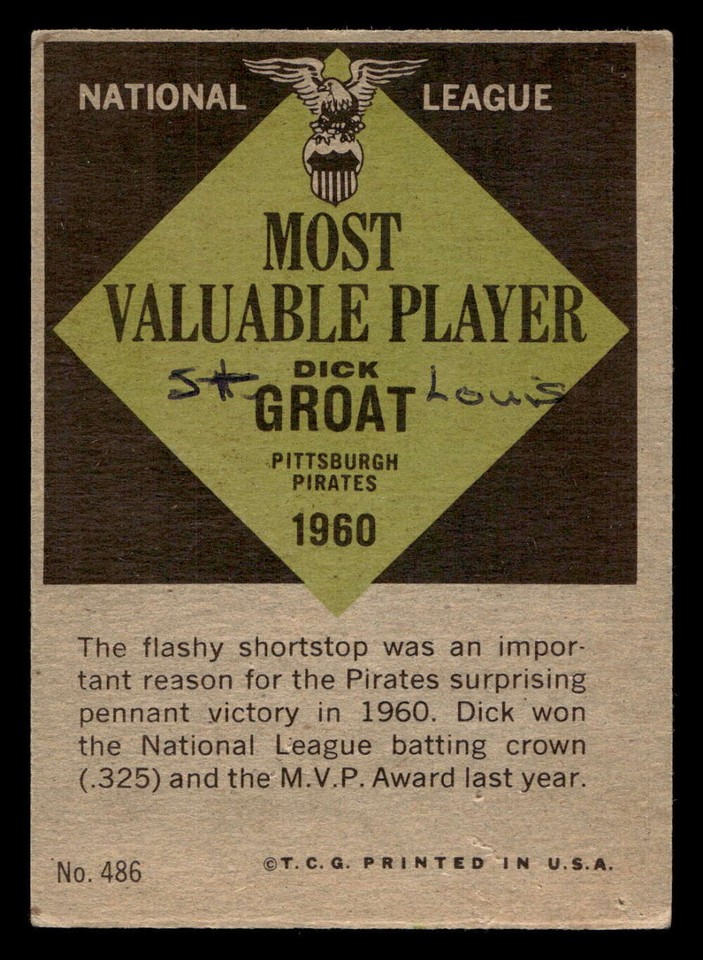 1961 Topps #486 Dick Groat Very Good Pirates Writing on Back | eBay