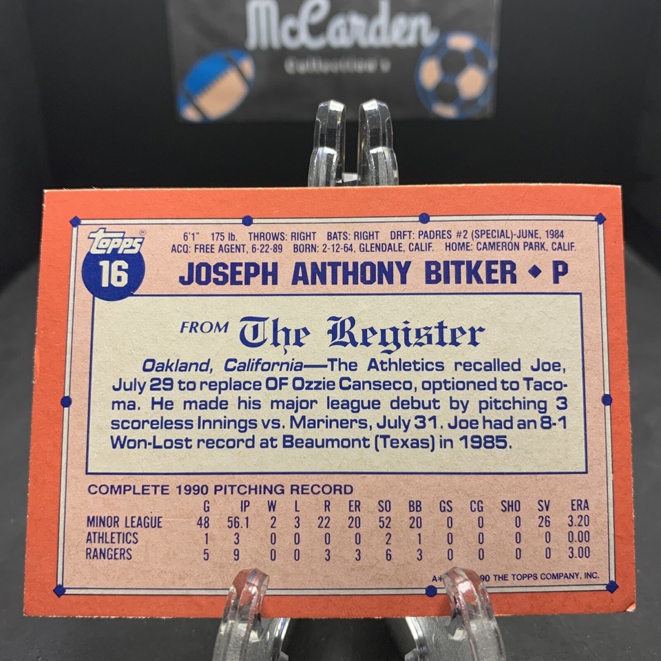 1990-91 Topps Major League Debut 1990 Box Set Joe Bitker #16 Oakland ...