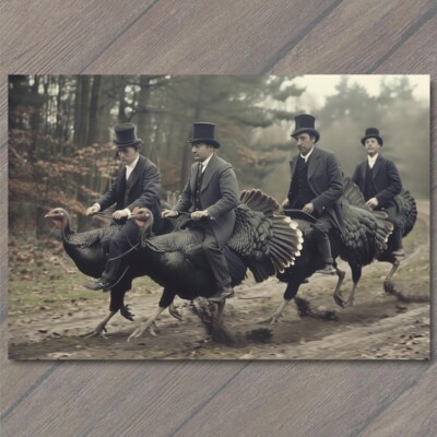 POSTCARD Turkey Riding Men Top Hat Old School Vibe Weird Strange Funny ...