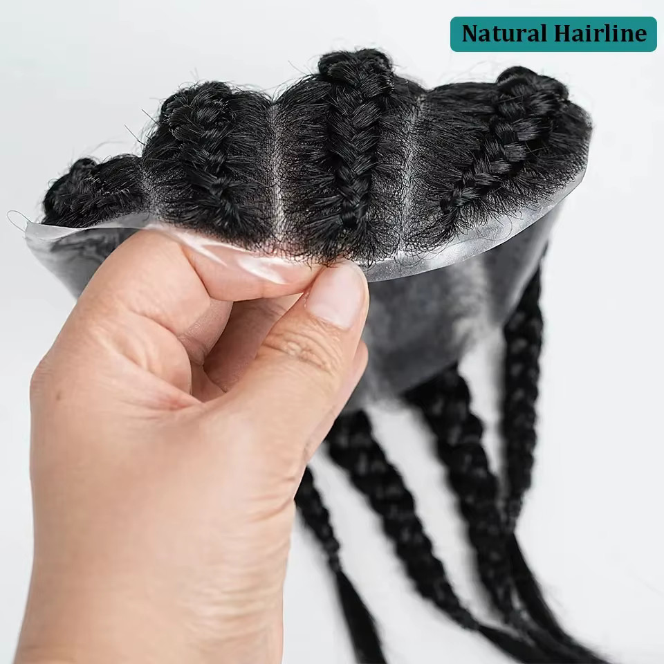 Cornrow Box Braided Human Hair Man Toupee Full Pu Skin Male Toupee For ...