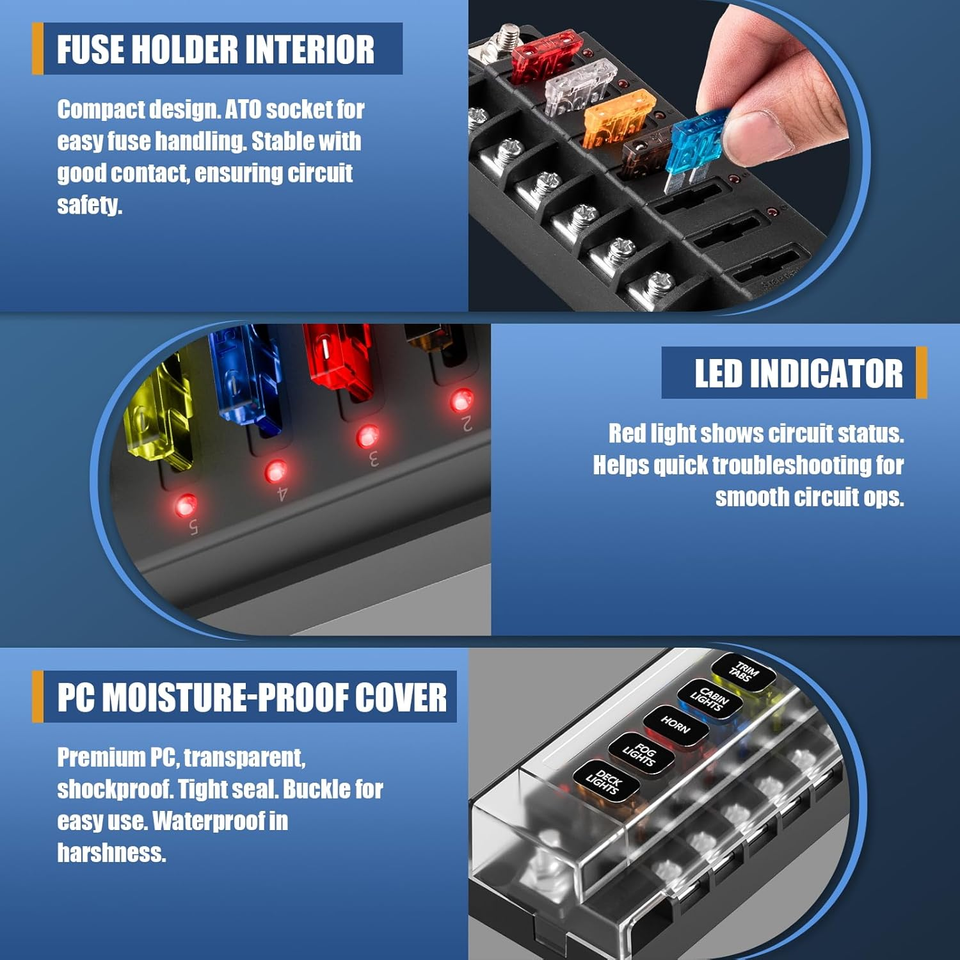 12V/24V 6-Circuit Waterproof Marine Fuse Box with LED Indicator, ATO ...