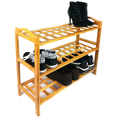 3 Tier Shoe Storage Rack Stool 100% Natural Bamboo Wood Criss Cross ...