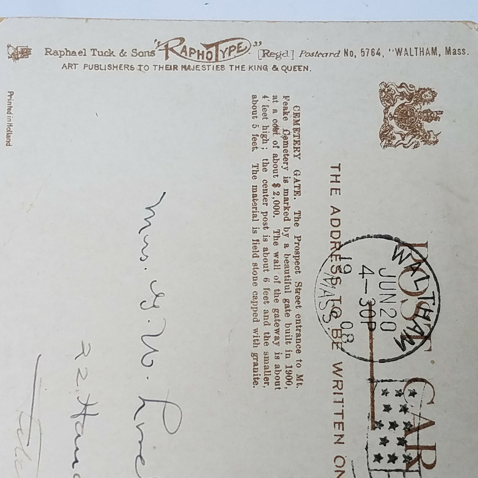 c1908 Waltham MA. Entrance to Mount Feake Cemetery Vintage Postcard ...