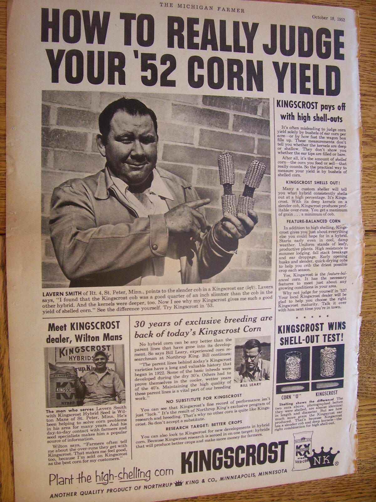 VINTAGE SEED CORN ADVERTISING PAGE -KINGSCROST SEED CORN MINNEAOPLIS ...