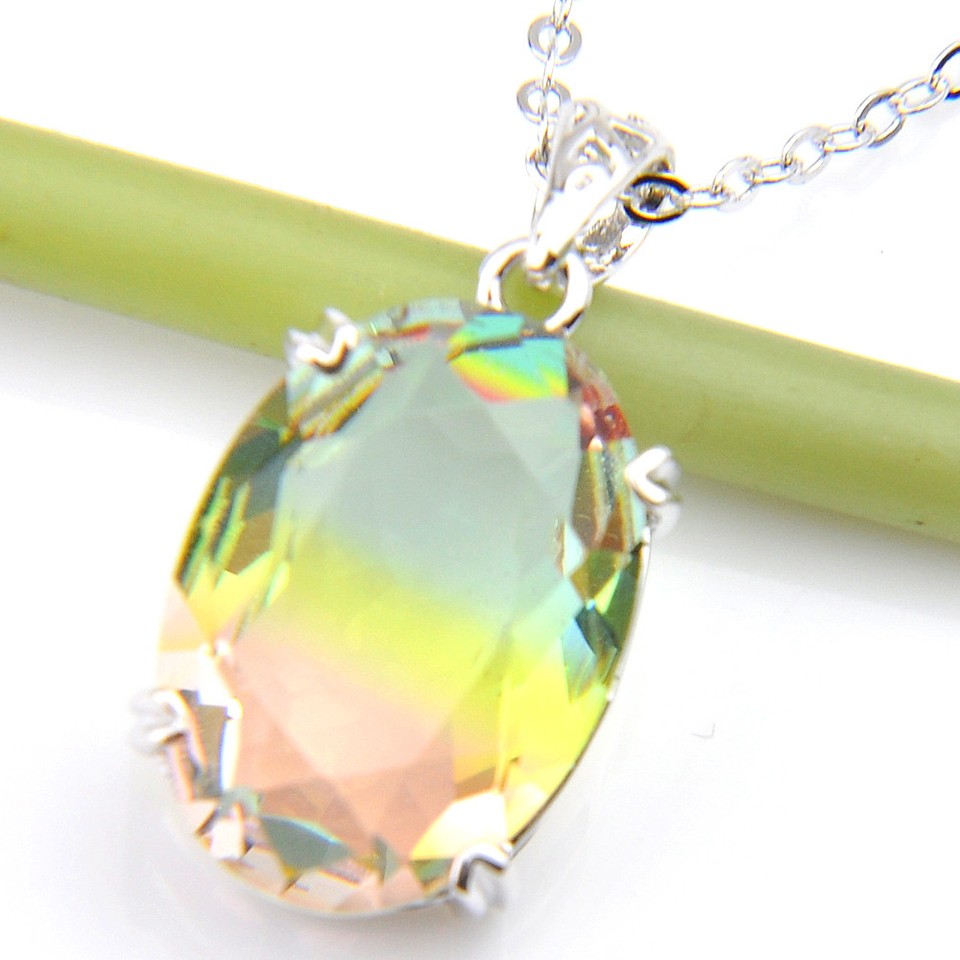 Jewelry Gift Oval Shape Bi-Color Tourmaline Gemstone Silver Necklace ...