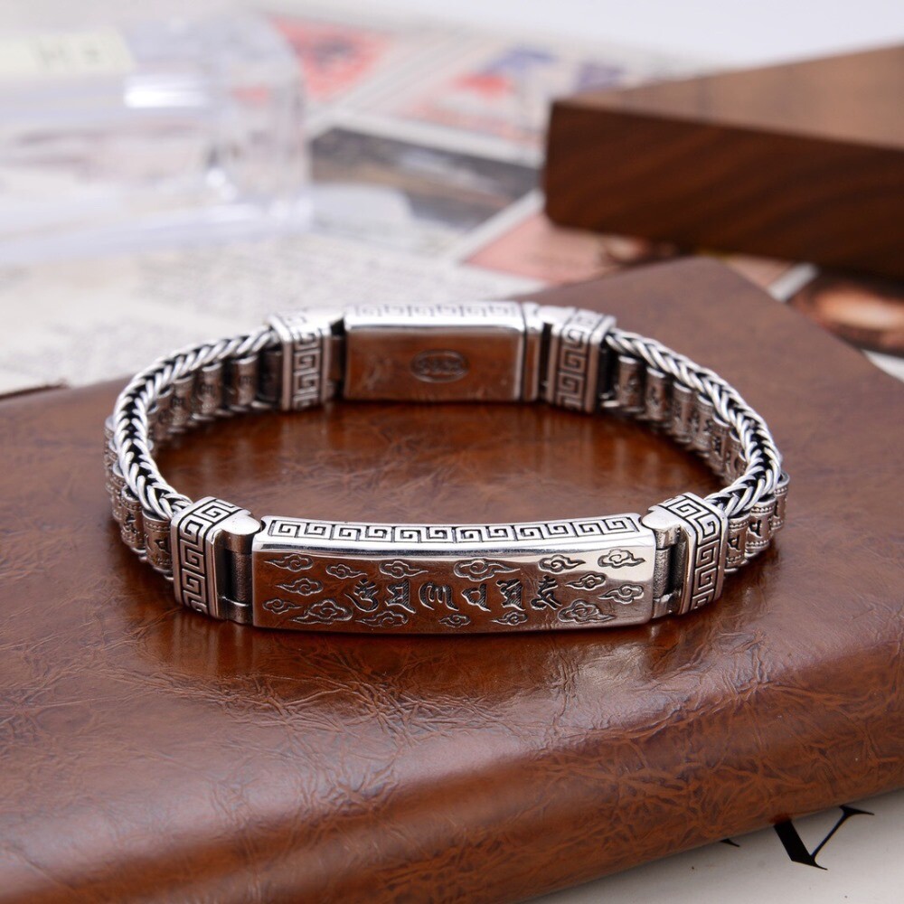 Solid 925 Sterling Silver 10mm Six-word Tube Link Chain Men's Bracelet ...