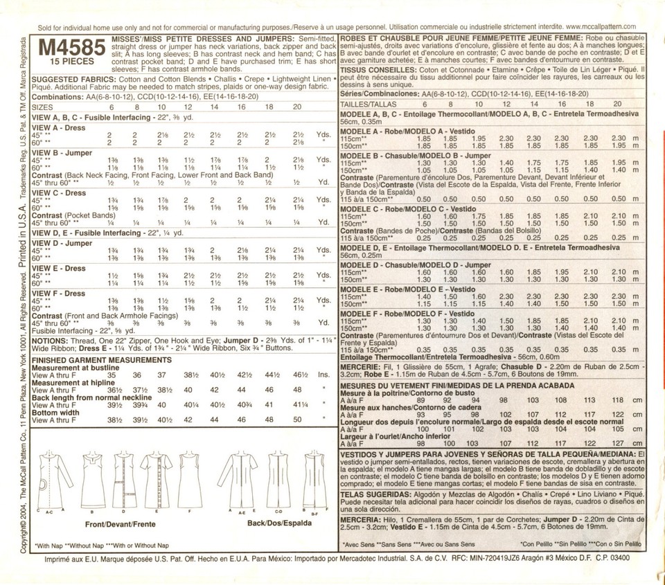 McCalls M4585 Misses Dresses & Jumpers Sewing Pattern Uncut | eBay