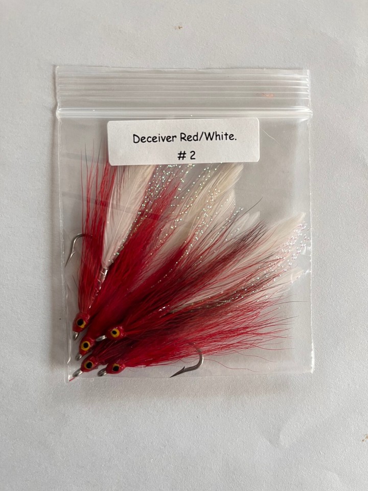 RED/WHITE DECEIVER ~Size 2 Stainless Hook ~ 5 FLIES per pkg ~ CLOSE OUT ...