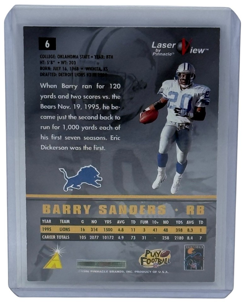 Barry Sanders 1996 Pinnacle Laser View Football Card Detroit Lions #6 ...