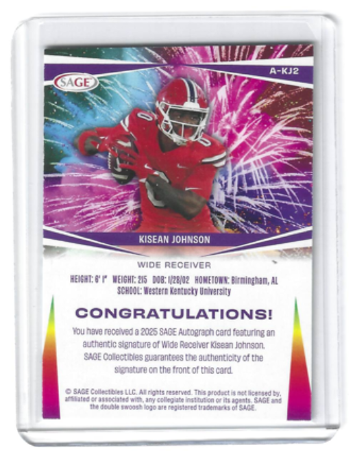 Kisean Johnson 2025 Sage High Series Rookie Red Auto #A-KJ2 WKU ...