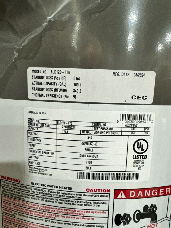 Rheem Eld120-Ftb 240V 120 Gal, Electric Water Heater, Single Phase ...