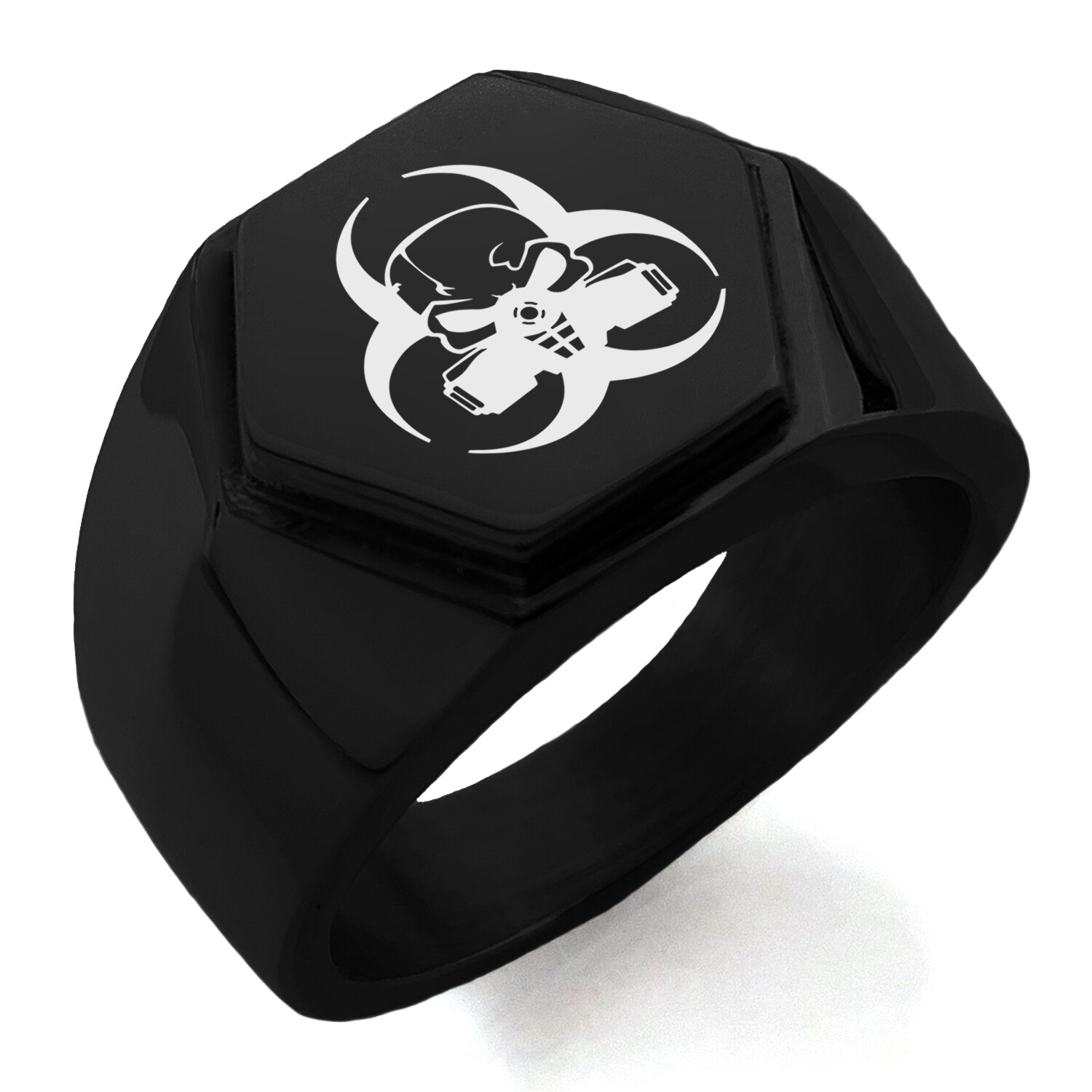Stainless Steel Biohazard Skull Symbol Mens Hexagon Crest Signet Ring ...