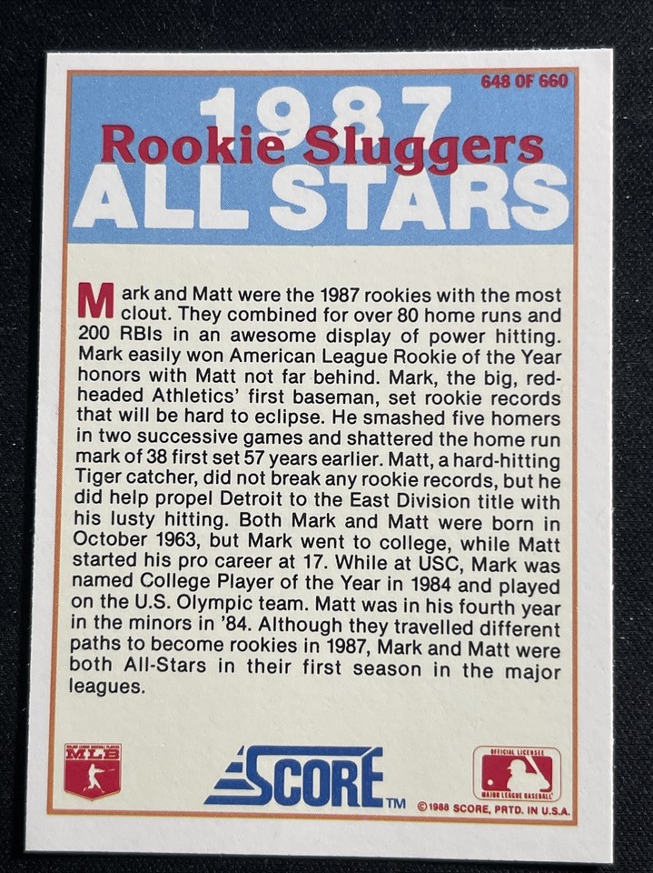 SCORE 1988 MLB 1987 Rookie Sluggers MARK McGWIRE & MATT NOKES 648/660 ...
