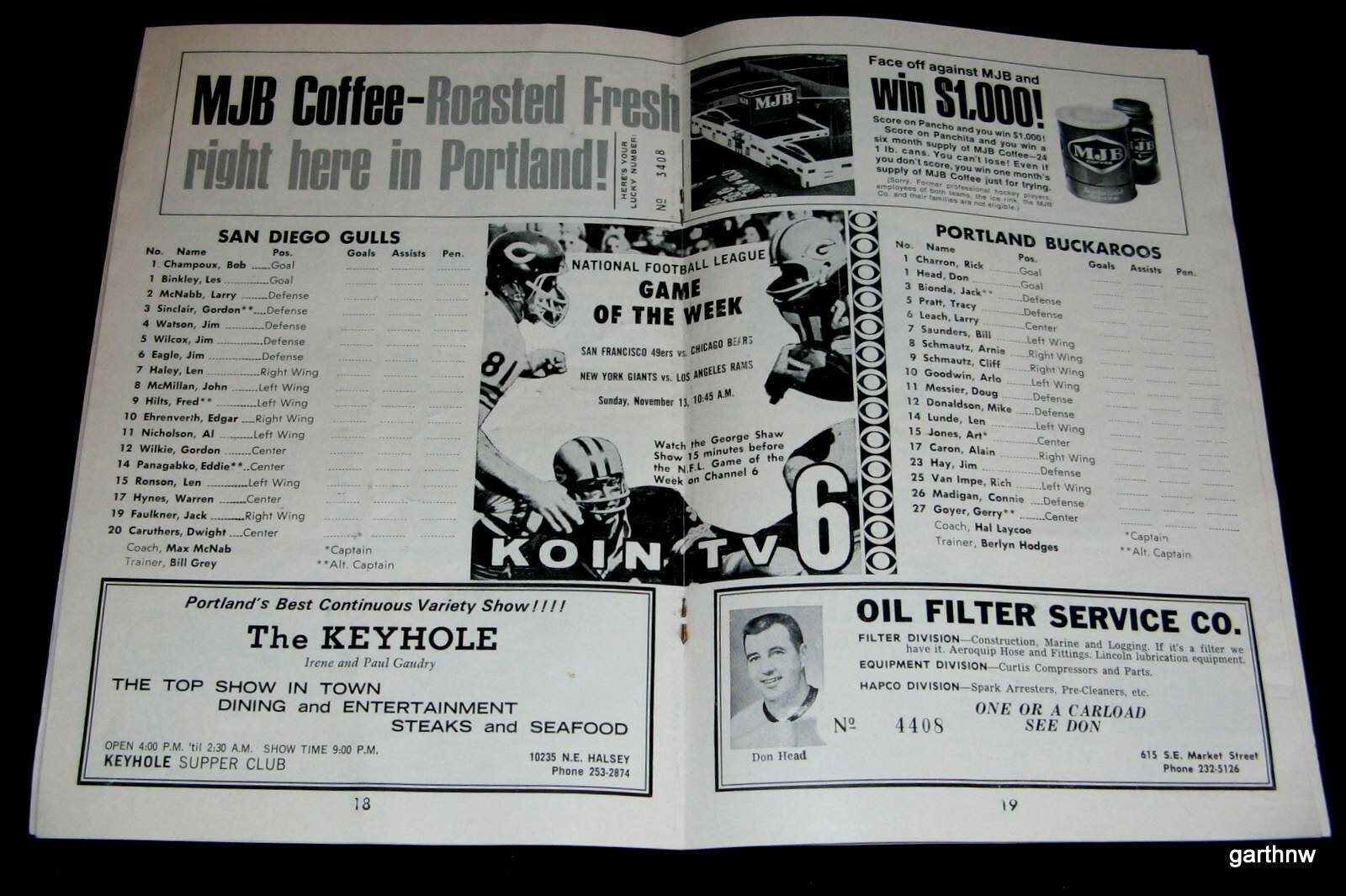 PORTLAND BUCKAROOS 1966-1967 HOCKEY PROGRAM * WHL v SAN DIEGO GULLS ...