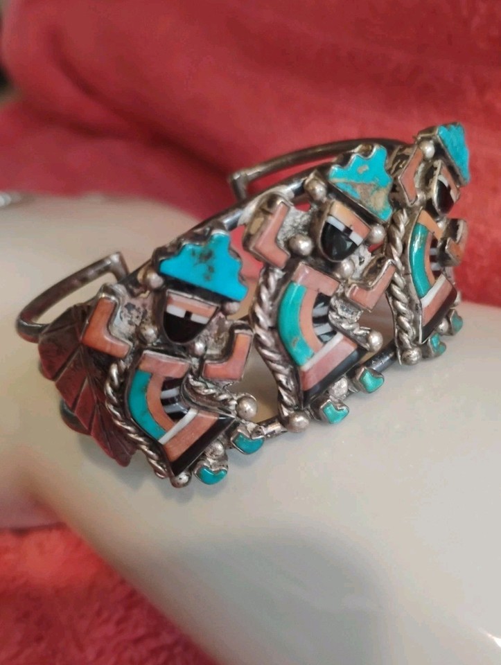 Vtg Zuni w/Inlaid Stones Sterling Silver Triple Rainbow Man Cuff ...
