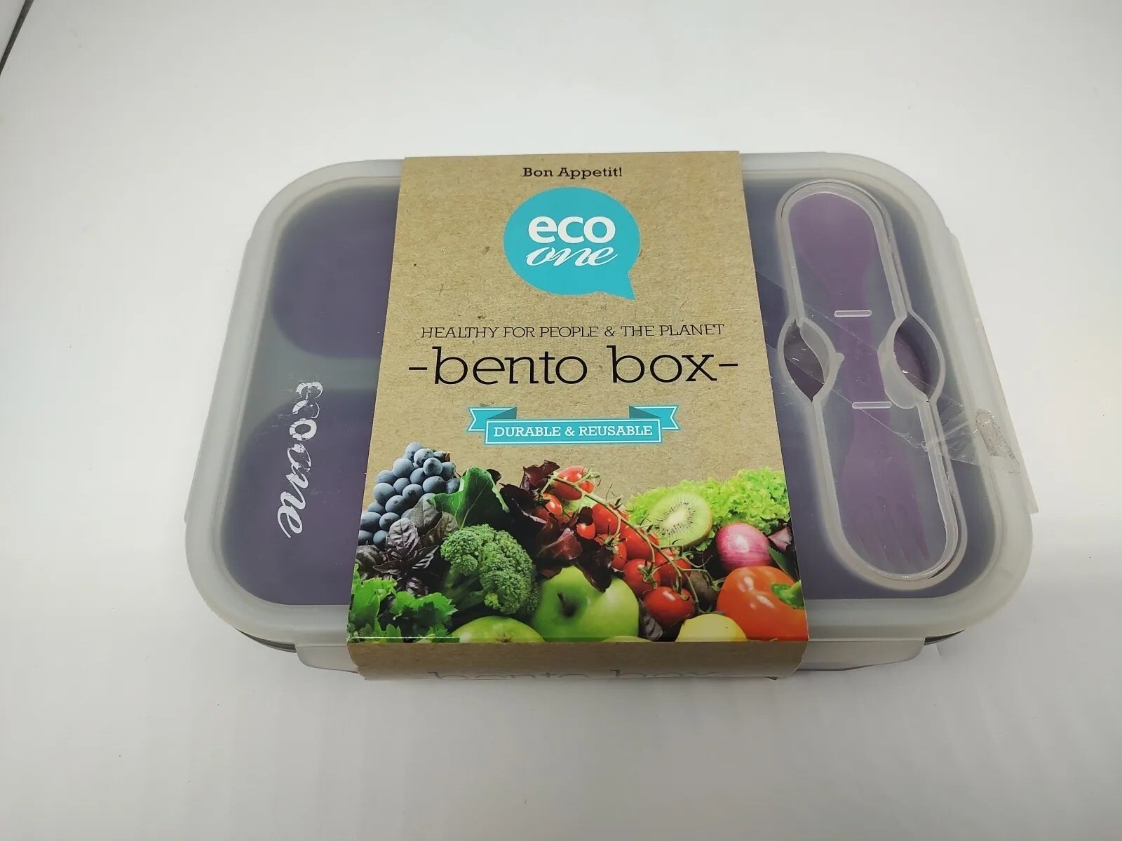 ECO ONE Bento Box COLLAPSABLE Lunch Snack Container purple w/Spoon Fork ...