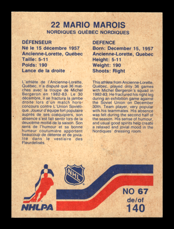 1983-84 Vachon # 67 Mario Marois Autograph Signed Card (M2) Quebec ...