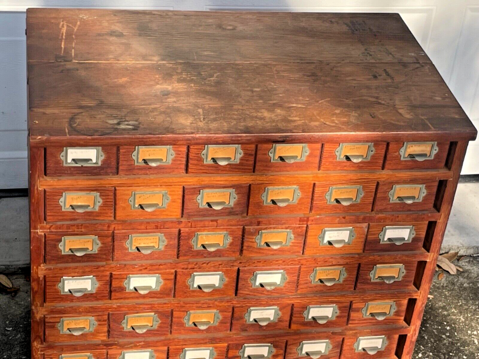 Antique Oak Apothecary Cabinet File General Store Hardware Library 48 ...