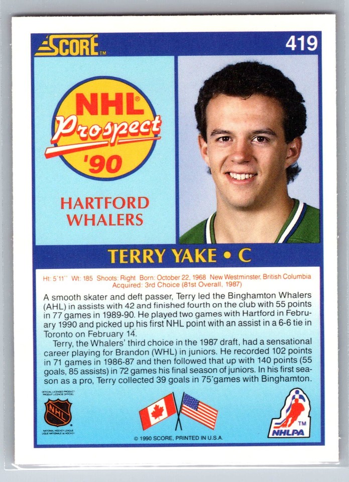 1990-91 Score Terry Yake Rookie Hartford Whalers RC #419 | eBay