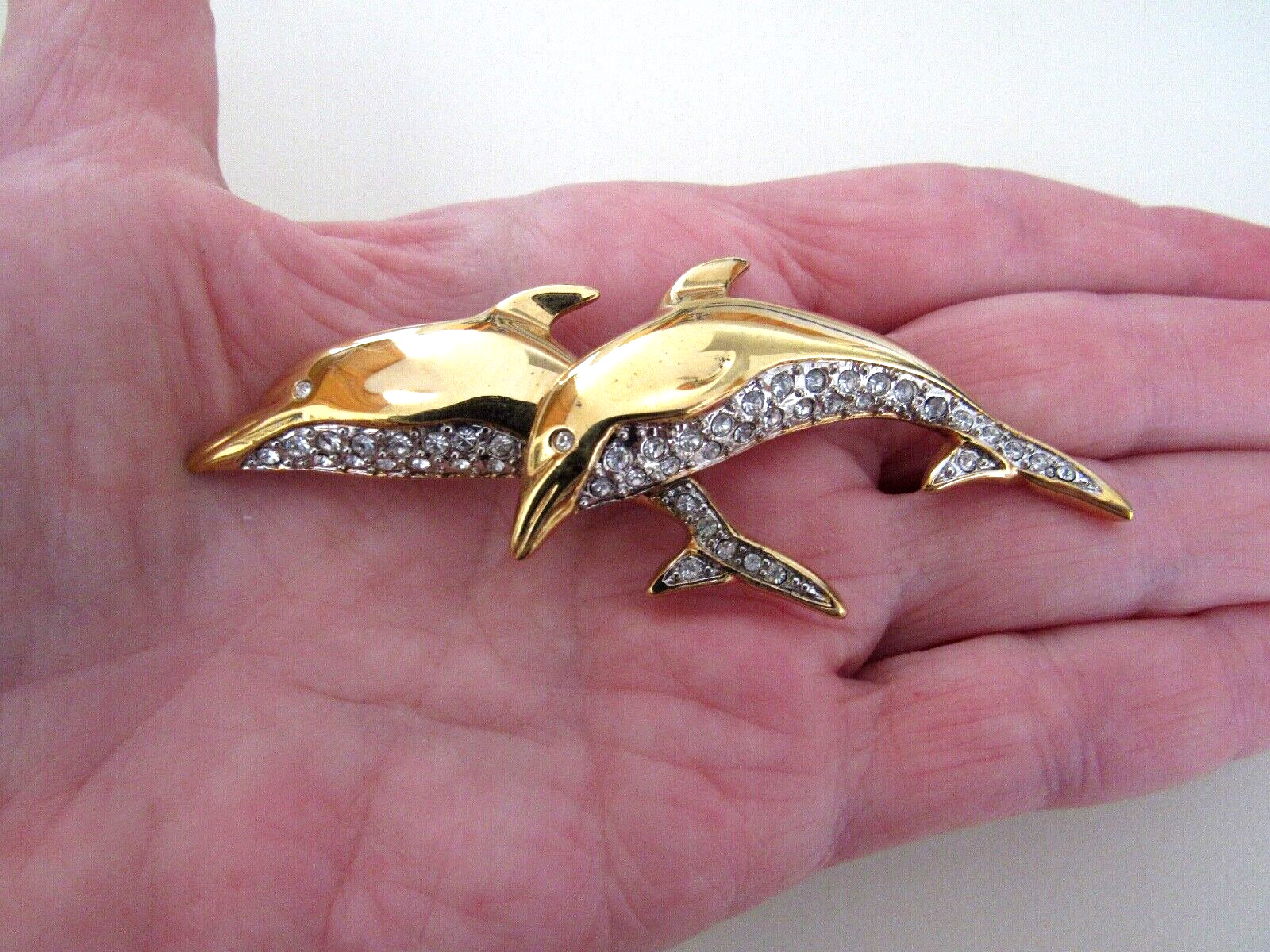 Vintage Two Dolphin Gold Tone Rhinestone Brooch/Pin- … - Gem