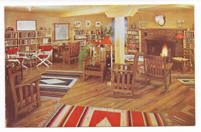 Postcard Big Moose Lake, NY Higby Club Library Fireplace Adirondack ...