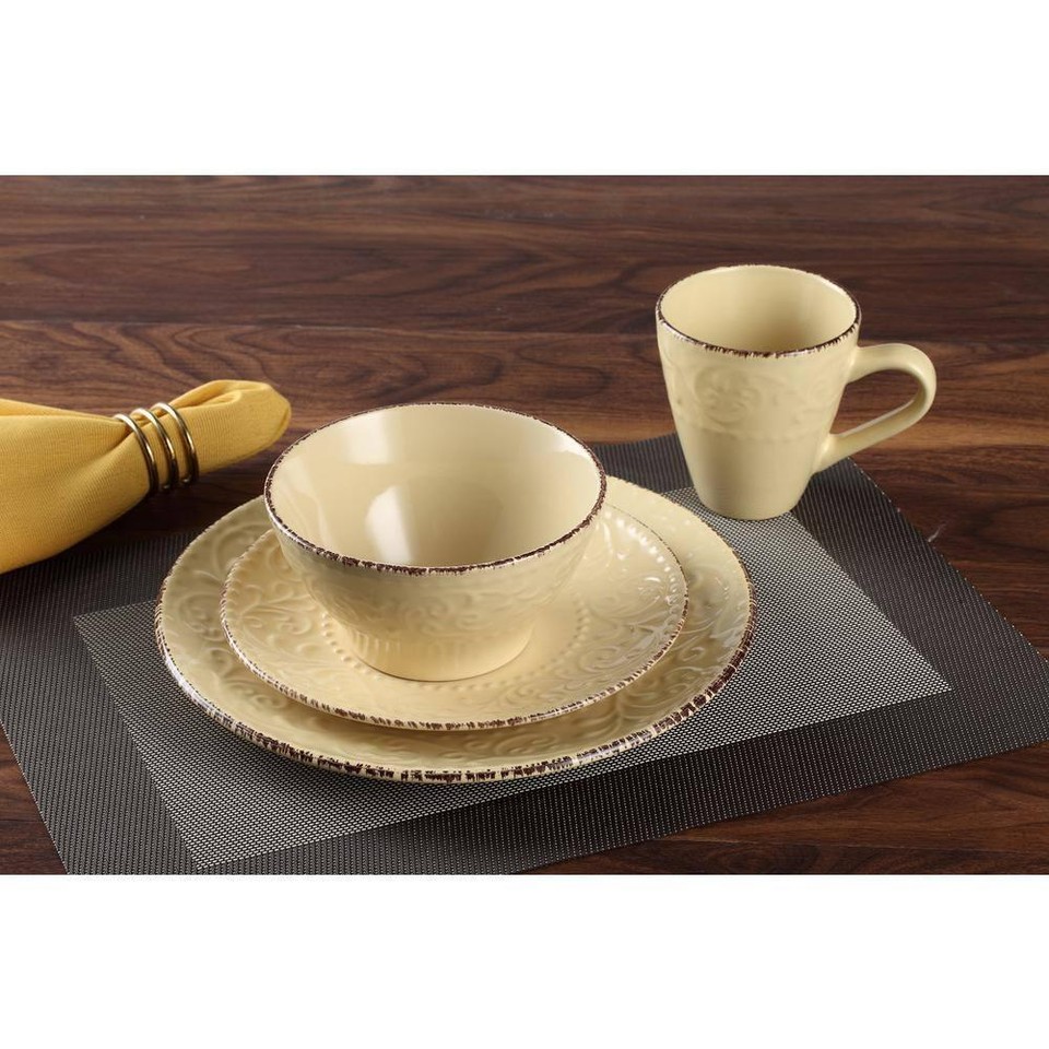 Lorren Home Trends Dinnerware Set Microwave Safe Stoneware Yellow (16 ...