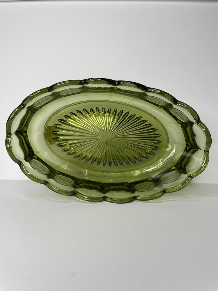 Vintge MCM Fostoria Avacado Green Coin Dot Art Glass Oval Bowl Liberty ...