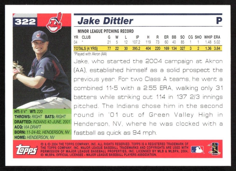 2005 Topps First Year Jake Dittler #322 Cleveland Indians | eBay