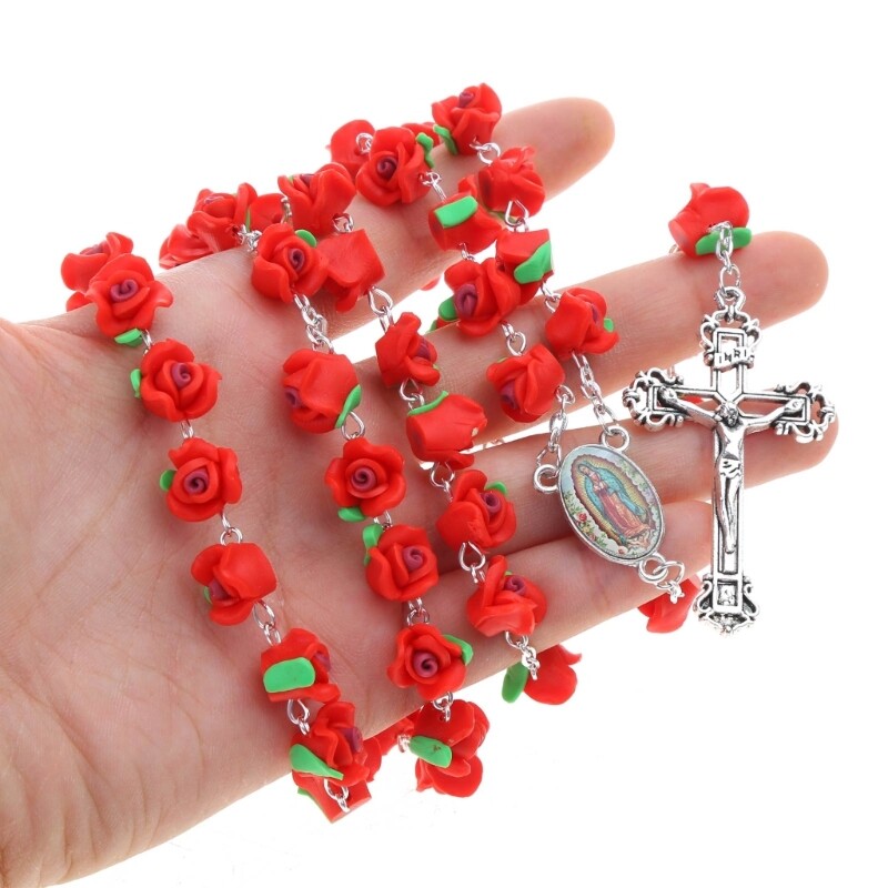 Catholic Rose Beads Rosary Necklace with Virgin Pendant Religious Jewelry | eBay