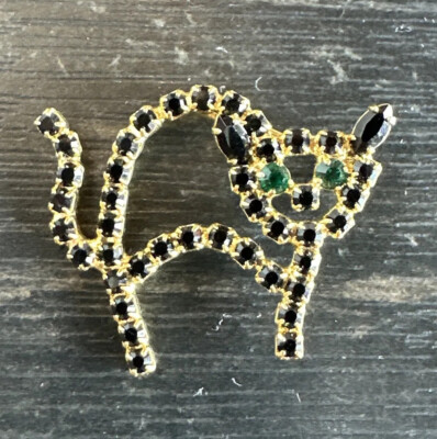 Vintage Black Rhinestone Cat Emerald Green Rhinestone Eyes Gold Tone ...