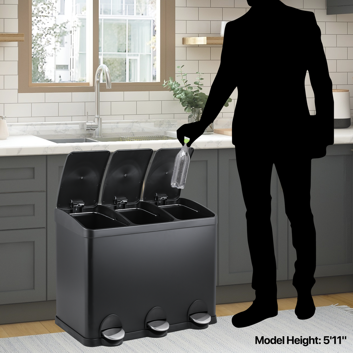 Triple Compartment Kitchen Rubbish Bin With Foot Pedal For Trash Waste