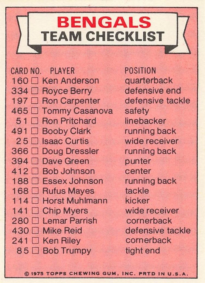 CINCINNATI BENGALS 1975 TOPPS TEAM CHECKLIST HAND CUT | eBay
