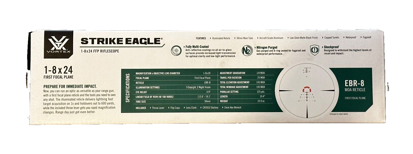 Vortex Strike Eagle 1-8x24 FFP EBR-8 MOA BDC Reticle LPVO Riflescope SE ...