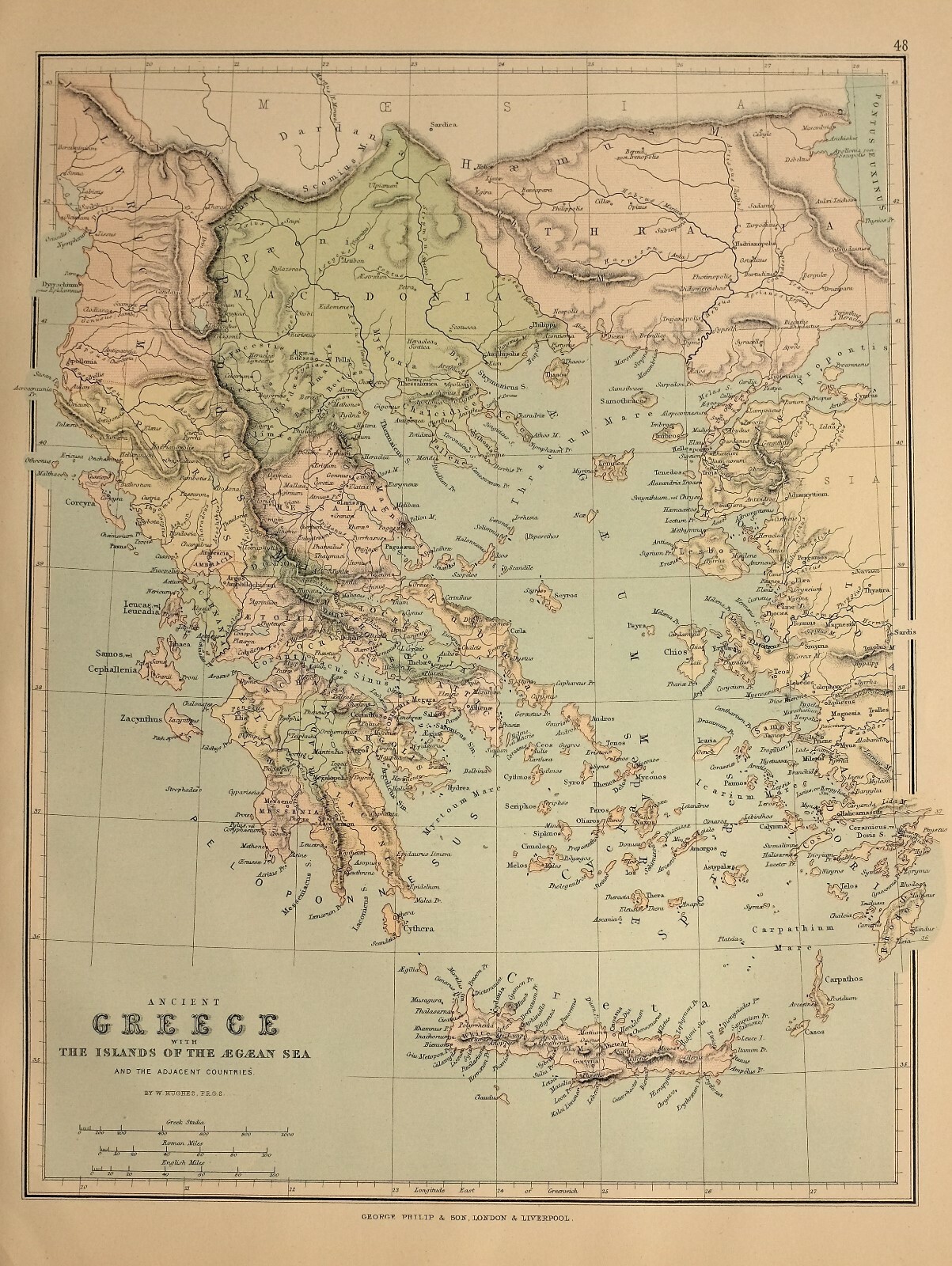 c1910 MAP GREECE ISLANDS OF AEGAEAN SEA PELOPONNESUS ARCADIA THESSALIA ...