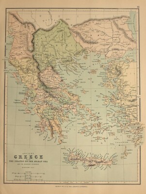 c1910 MAP GREECE ISLANDS OF AEGAEAN SEA PELOPONNESUS ARCADIA THESSALIA ...