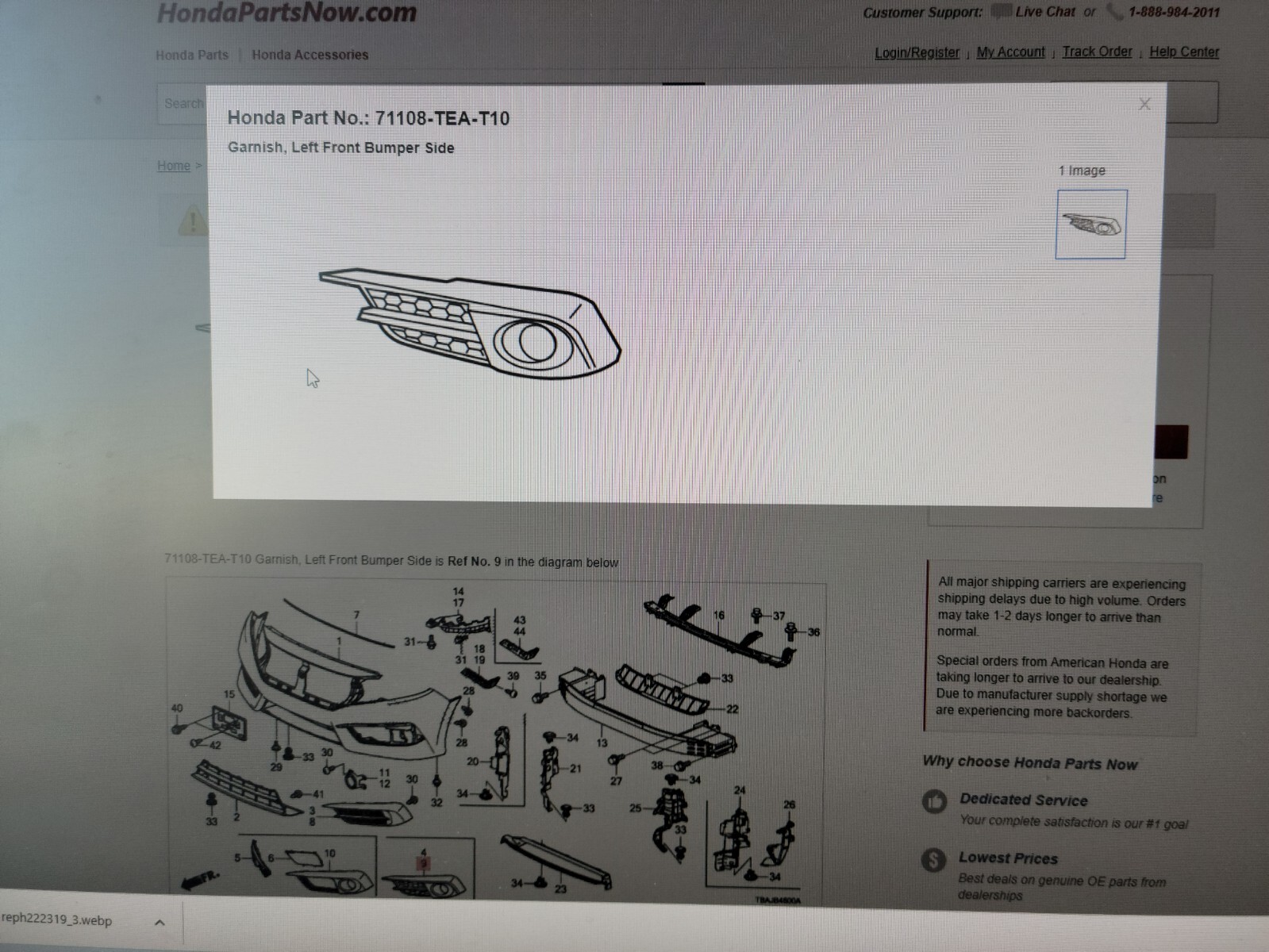 Honda 71108-TEA-T10Garnish, Left Front Bumper Side 2018 Honda Civic ...